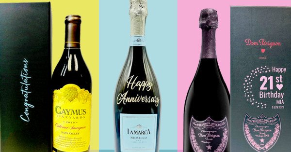 Personalized Wine and Champagne Bottles with Gift Baskets