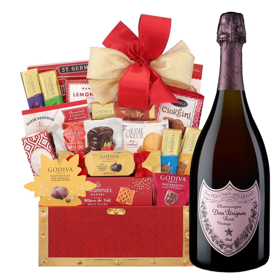 Dom Perignon Rose Brut Champagne with Golden Gift Basket