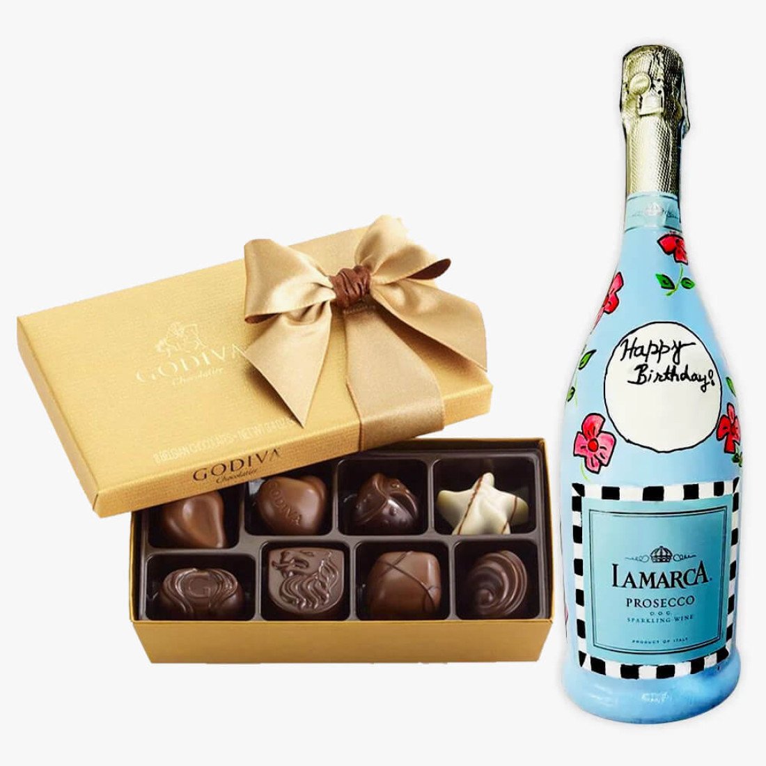 Hand painted La marca Prosecco & Godiva 8pc - Birthday Gift Set